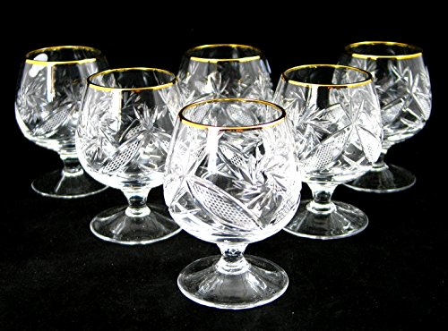 SET of 6 Russian Cut Crystal Stemmed Snifter Goblet for Cognac Scotch Whiskey, 24K Gold Rimmed 7 Oz. Glass, Vodka Liquor Old-fashioned Glassware, Hand Made