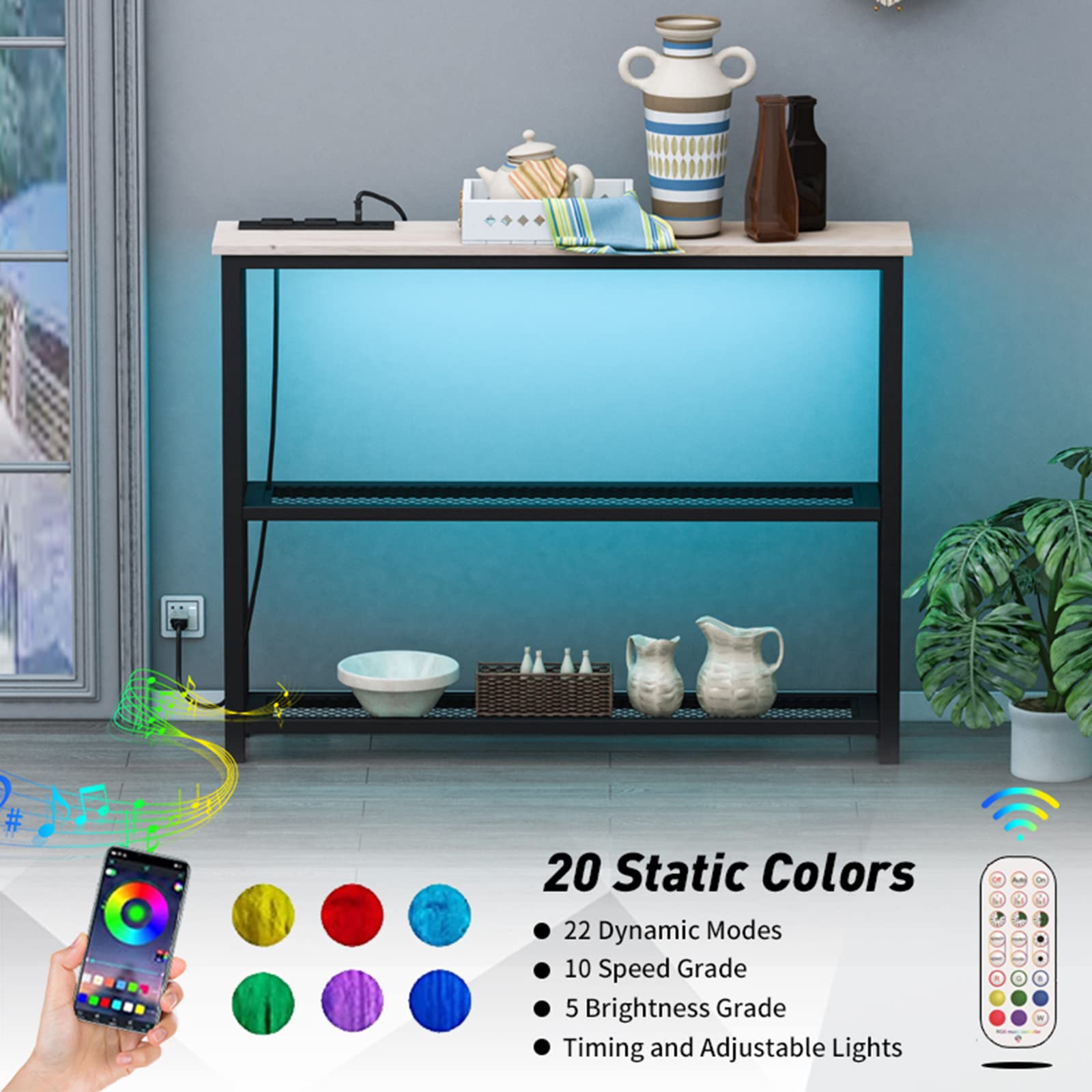 Lvrunben LED Console Table with 2 USB Ports, Multi-Coloured Lights Entryway Storage Shelf with 2 Power Outlets, Living Room Narrow Sofa Accent Table for Hallway, Farmhouse
