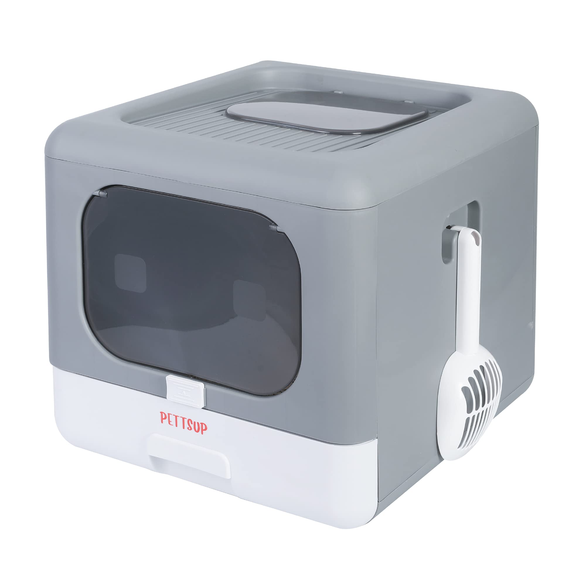 Pettsup Cute Cat Litter Box (Cube Robot), with Front and Top Entry Door, Enclosed Kitty Litter Box with Lid, Modern Litter Box Furniture for Indoor Cats (Grey)