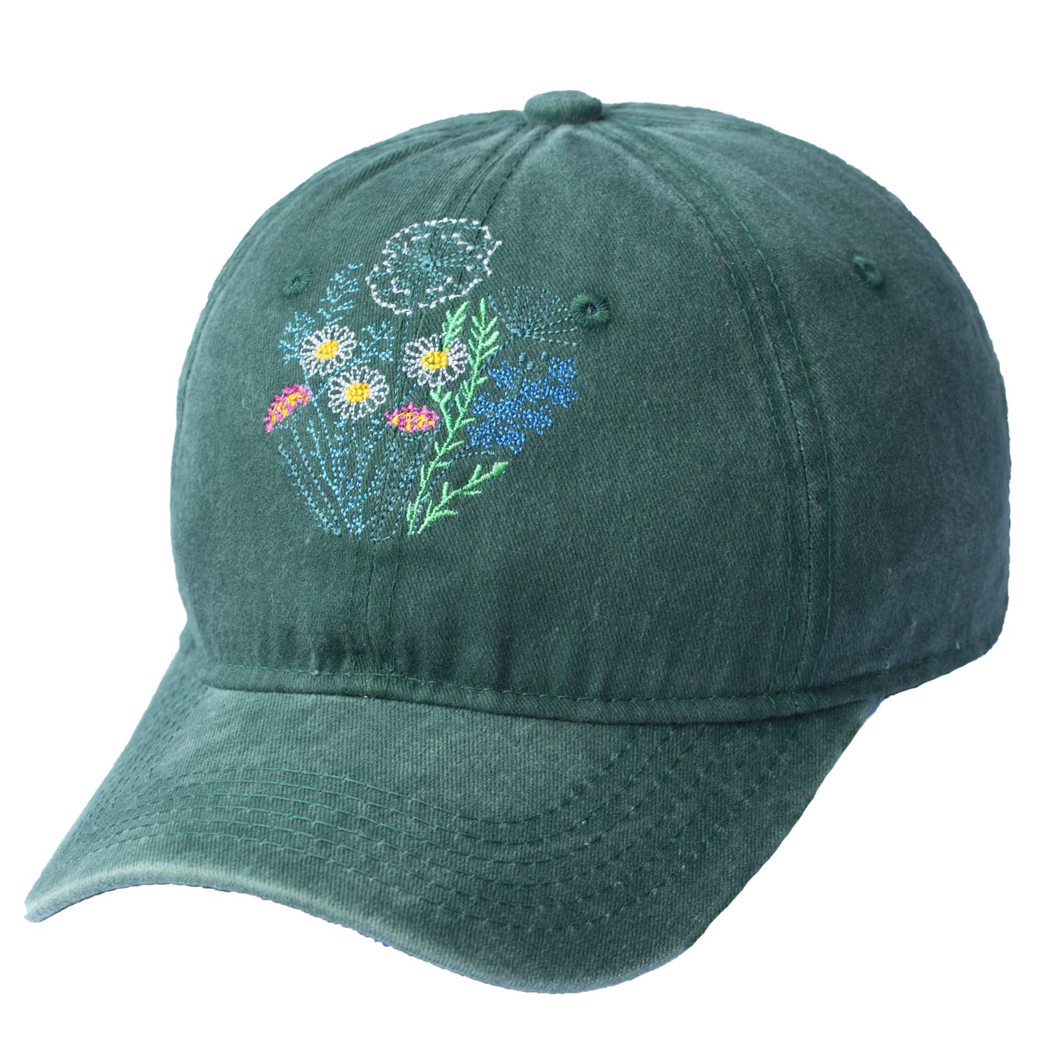 Women Wildflower Hat - Garden Baseball Hat ,Embroidered Floral Green Baseball Hat,Green