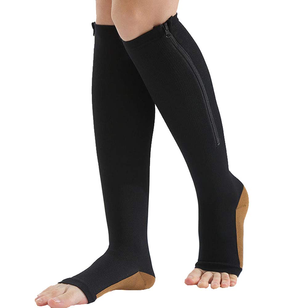 MADKING Zipper Compression Socks (2-Pack) for Men Women Open Toe Easy On Compression Support Hose Knee High, Black (XXL)
