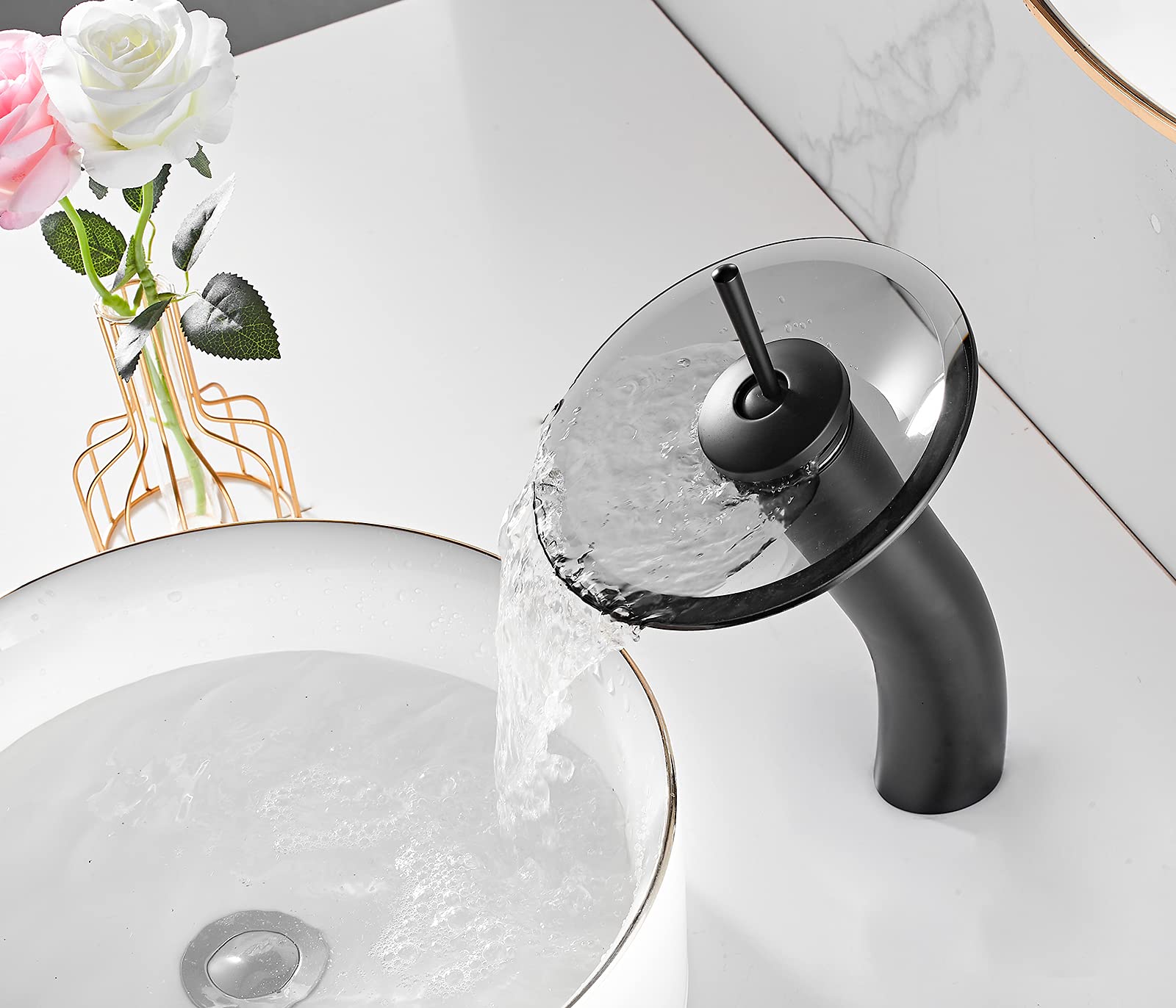 Waterfall Black Bathroom Vessel Faucet Glass Spout 360° Swivel Single Handle One Hole Solid Brass Bowl Faucet Bath Lavatory Vessel Sink Vanity Faucet Tall Body for Above Counter Sink