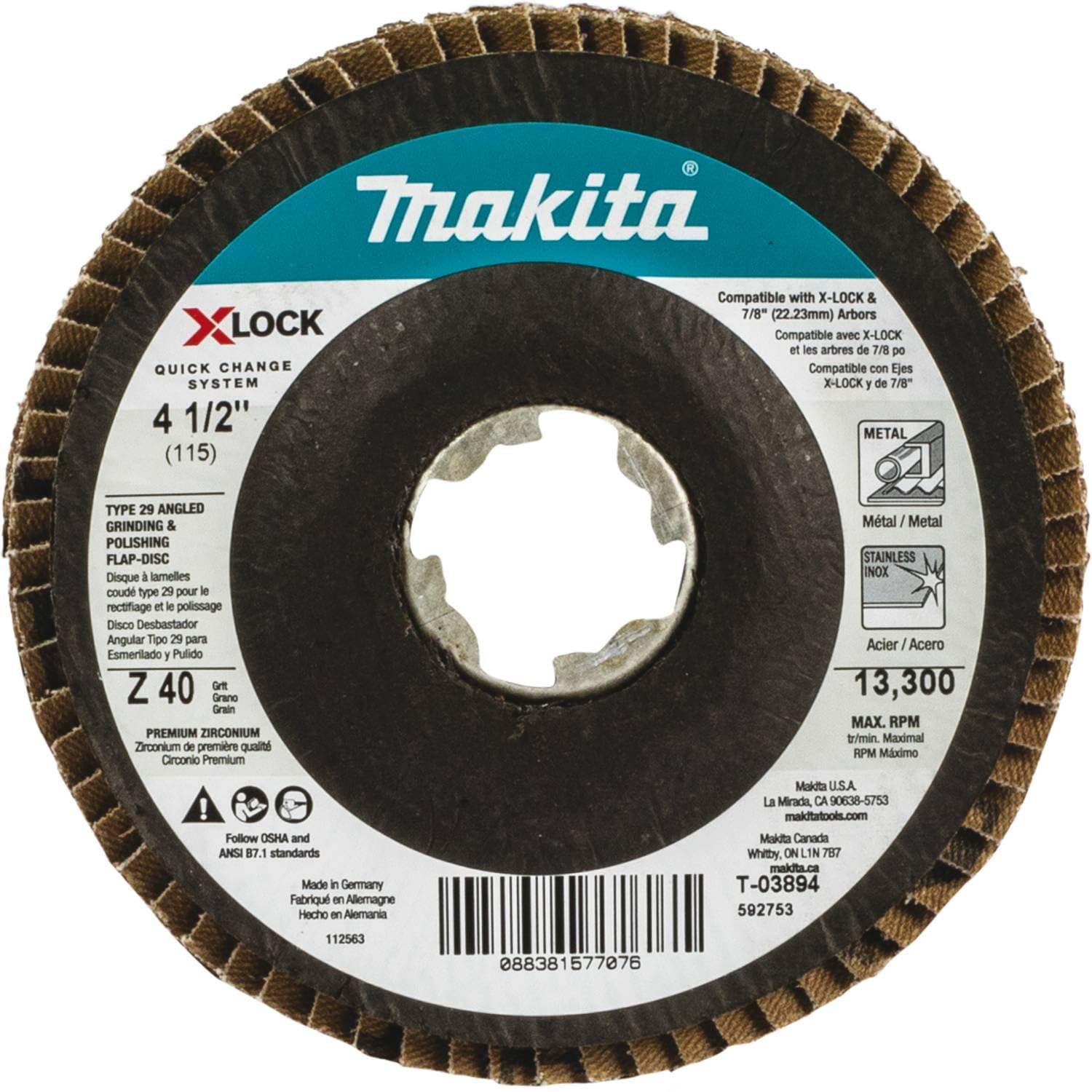 Makita T-03894 X-LOCK 4‑1/2" 40 Grit Type 29 Angled Grinding and Polishing Flap Disc for X-LOCK and All 7/8" Arbor Grinders