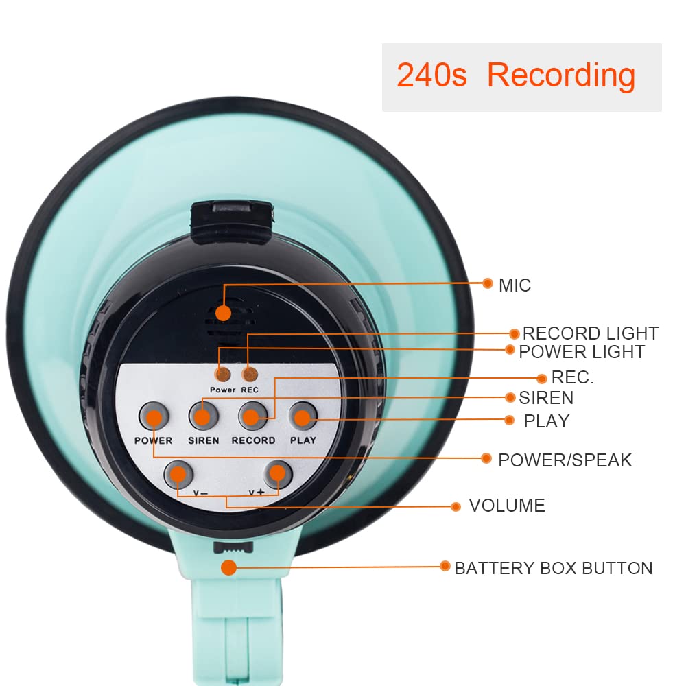 MyMealivos Portable Megaphone Bullhorn 20 Watt Power Megaphone Speaker Voice and Siren/Alarm Modes with Volume Control and Strap (Teal)…