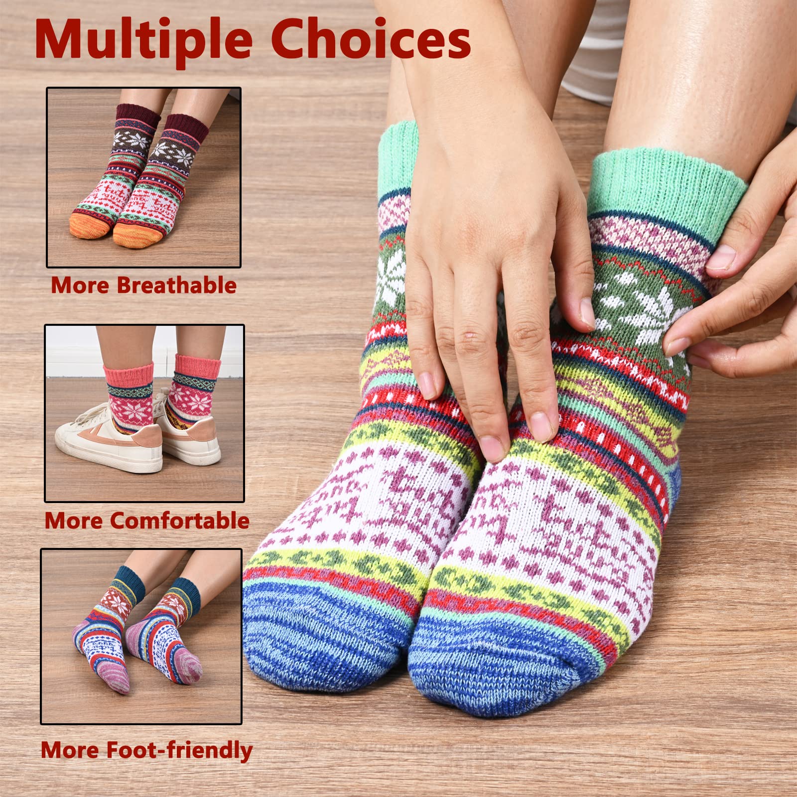QIYISS 5 Pack Womens Wool Socks Winter - Soft Warm Cold Knit Wool Crew Socks Christmas Gift Socks for Women Vintage Casual Socks