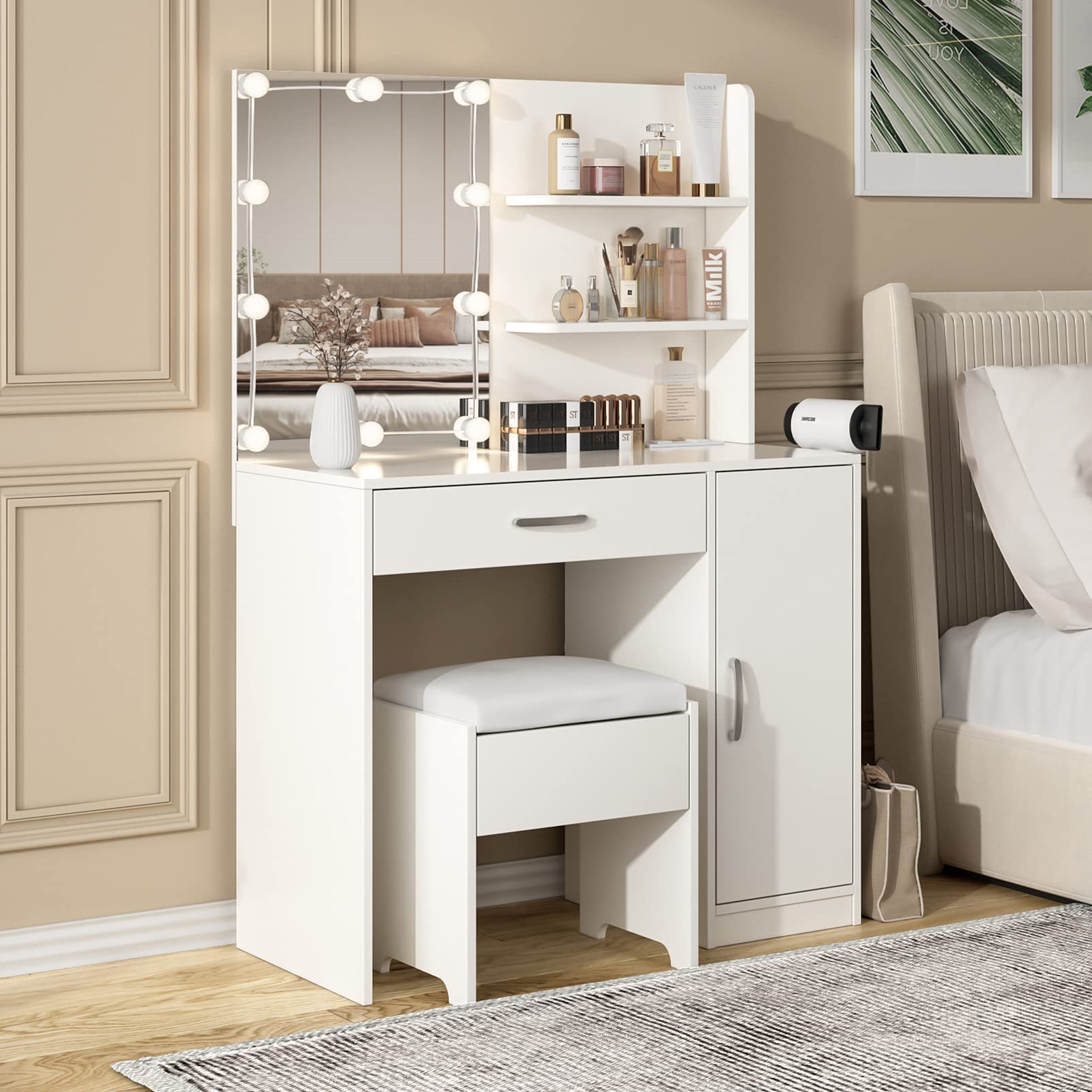 Makeup Vanity Desk with Lighted Mirror & Power Strip,Makeup Vanity Table with Lights and Lots Storage,3 Lighting Modes,35in Large Drawers Dressing Table,White