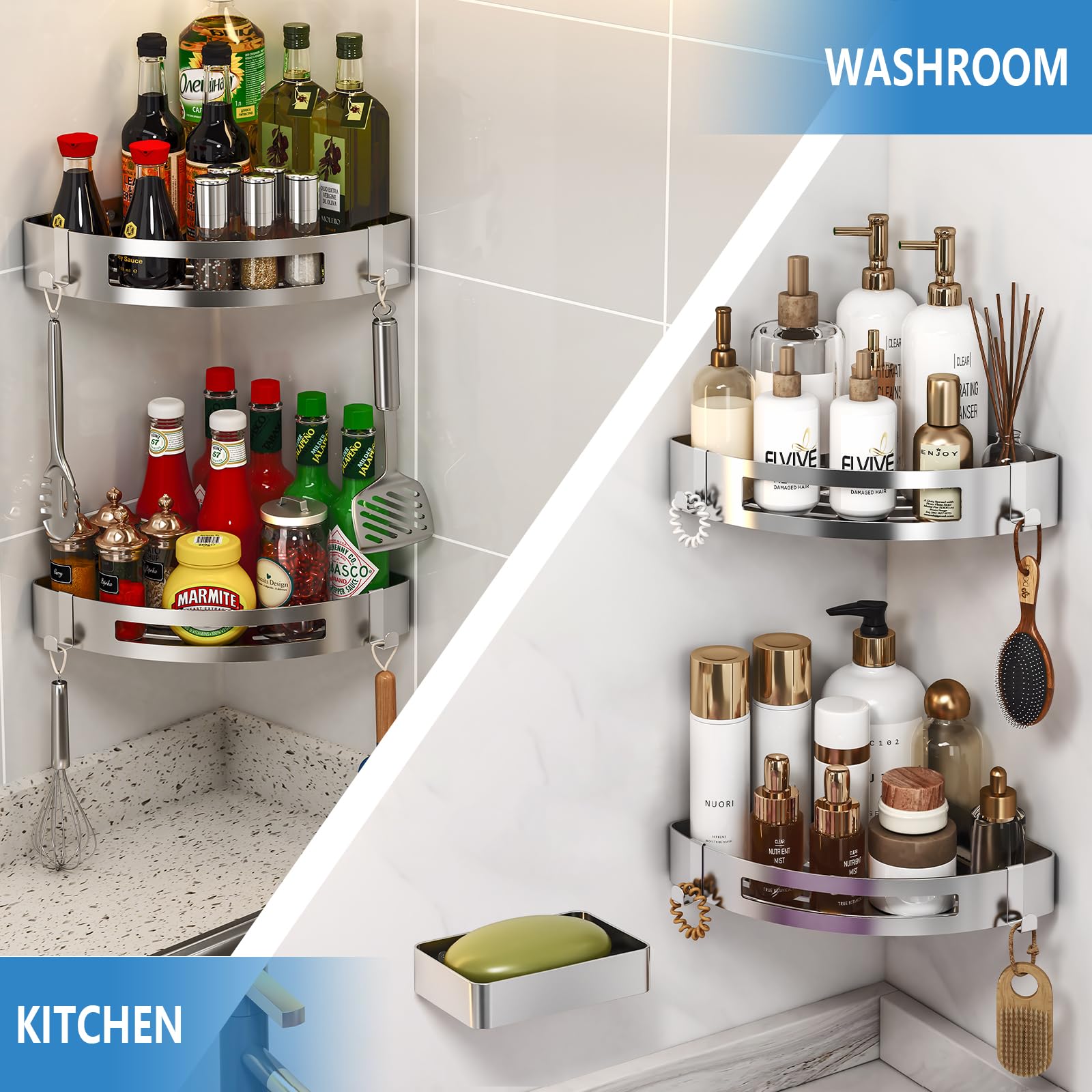 VINIUSIKI Corner Shower Caddy Shelves with Soap Holder & 4 Hooks,SUS304 Stainless Steel Kitchen Organizer, Adhesive & Drilling Wall Mounted Racks for Bathroom & Kitchen & Home Decor, 3-Pack