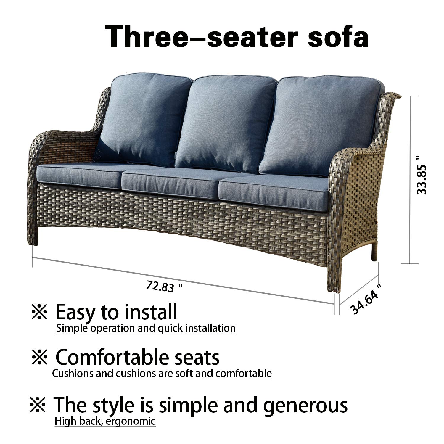 XIZZI Patio Furniture Sets Outdoor Furniture Conversation Set 5 Pieces All Weather Wicker High Back Couch with Ottomans,Grey Wicker Denim Blue