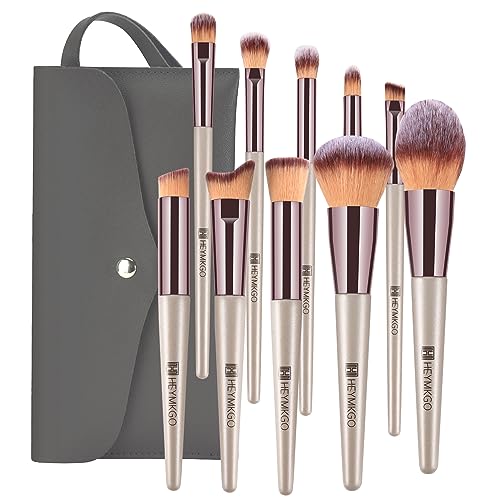 Makeup Brushes Set, HEYMKGO Portable Makeup Brush set professional Champagne Gold Premium Syntheti Foundation Brush Powder Concealers Eye Shadows Blush with Cosmetic Bag 10PCS Common Types