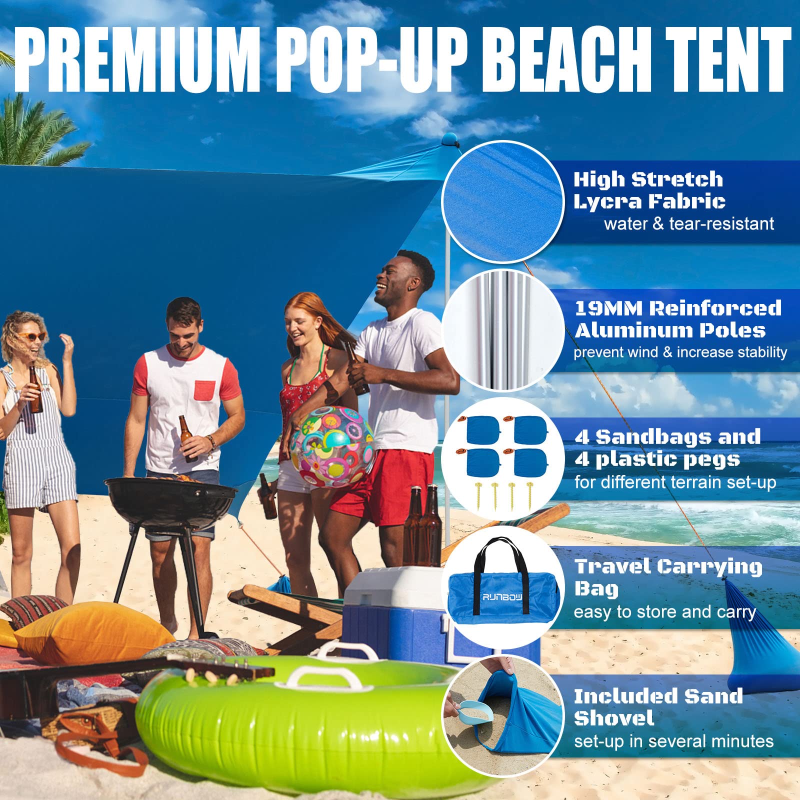 RUNBOW Beach Shade Canopy, Pop Up Sun Shade Tent with 2 Aluminum Poles, 8 X 8FT Portable Sun Shelter for Beach, Camping Trips, Fishing, Backyard or Picnics