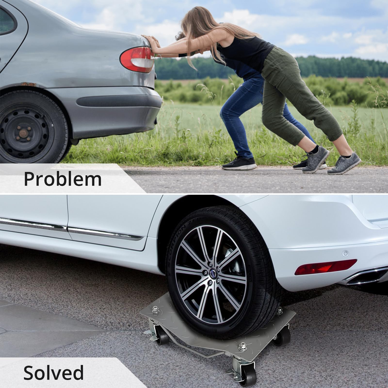 MERXENG [6000 lbs] Tire Wheel Dolly Car Set of 4, Heavy Duty Carbon Steel Car Mover with Antiskid Plate & 360 Degree Rotatable Wheel, 16"*12", Silver