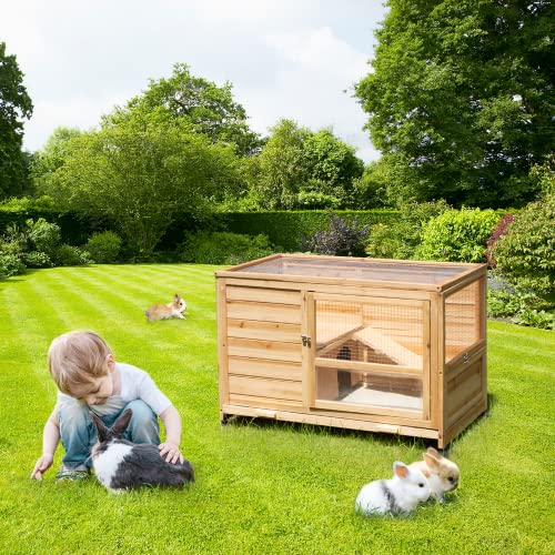 YOLENY Rabbit Hutch, Wooden Small Animal Cage, Bunny Hutch Indoor Rabbit Cage, Outdoor Guinea Pig Cage Hedgehog Cage, Removable Tray, Safety Lock, Galvanized Mesh Wires, Access Ramps