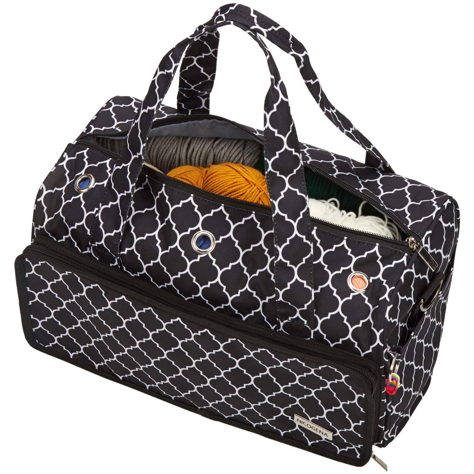NICOGENA Knitting Bag, Large Capacity Portable Yarn Storage Tote for Yarn Skeins and Accessories Tangle Free with 3 Reinforced Grommets, Lantern Black