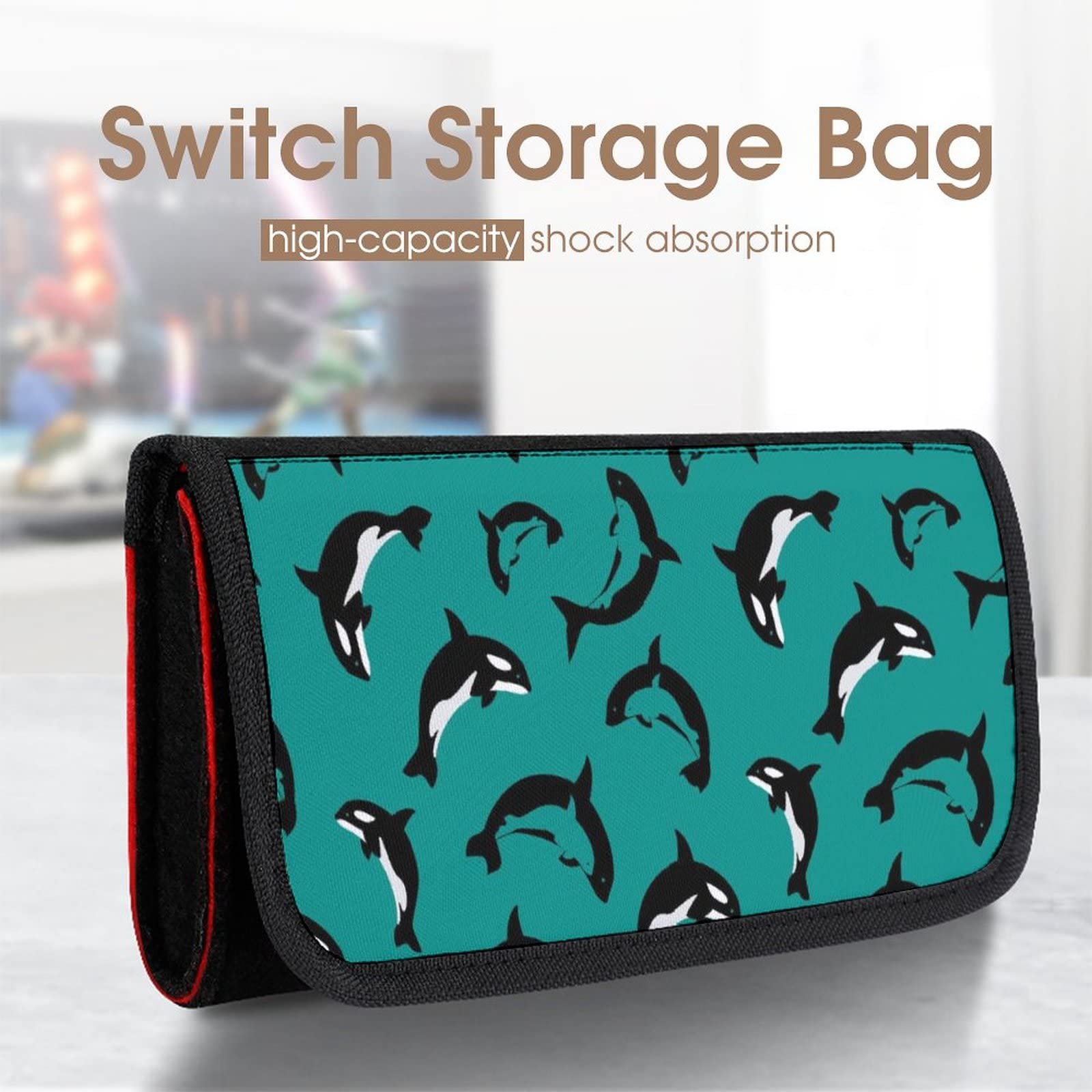 Whales Pattern Carrying Bag Compatible with Switch Protective Case Slim Felt Pouch with 5 Game Cartridges Holders