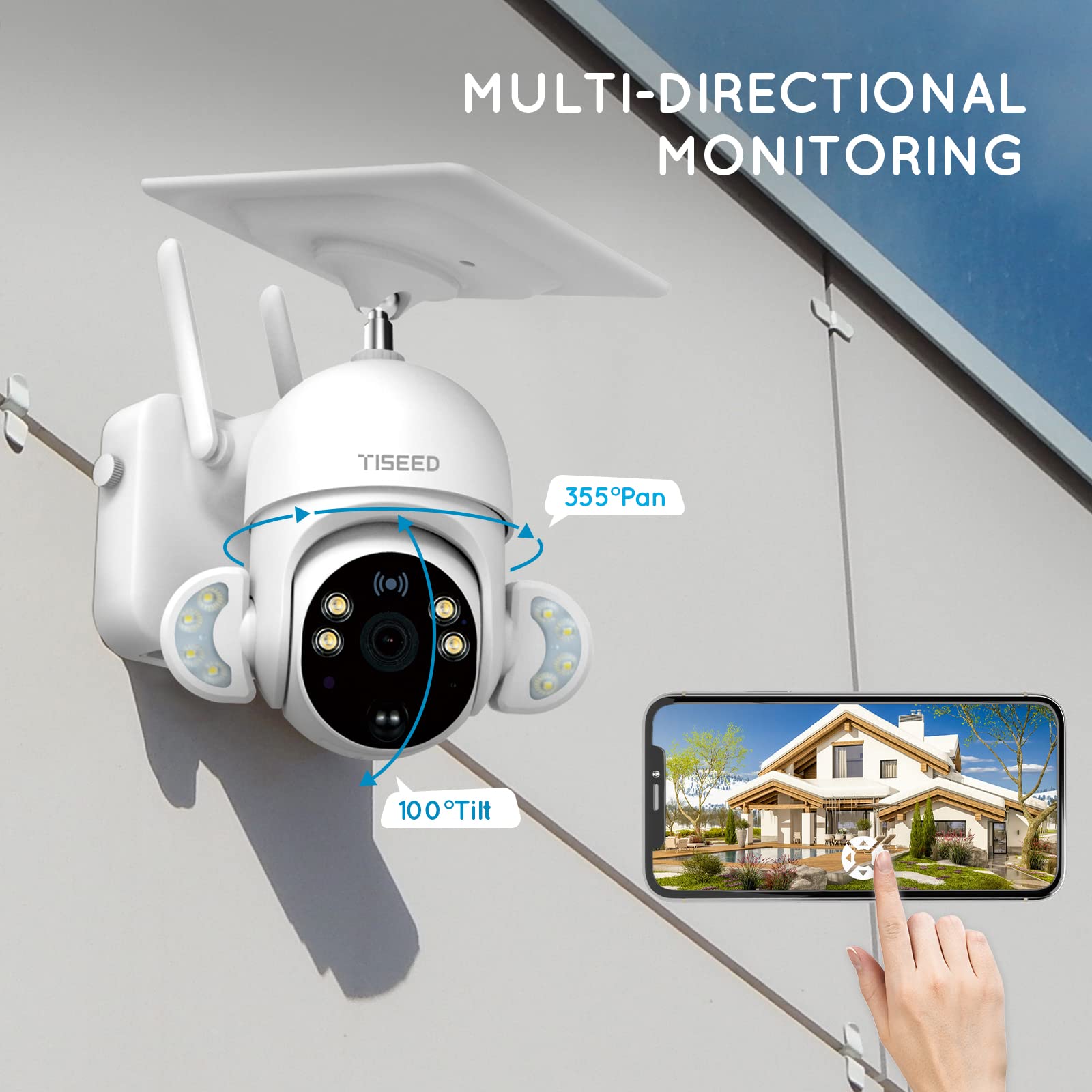 TISEED Security Cameras Wireless Outdoor, Solar Security Camera 360°-View, PTZ Wireless Outdoor Camera 2.4G WiFi PIR Motion Detection, Floodlight Outdoor Camera 10400mAh Color Night Vision Waterproof
