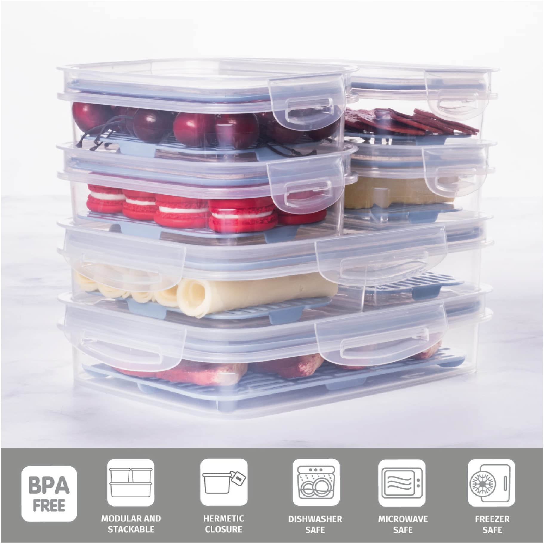 Set of 3/6 Hermetic Plastic Food Storage Containers Airtight Stackable Leakproof β Deli Meal Prep Container for Fridge - Ideal for Fruits, Bacon, Cheese, Veggies, and More - BPA Free (Blue x 6)