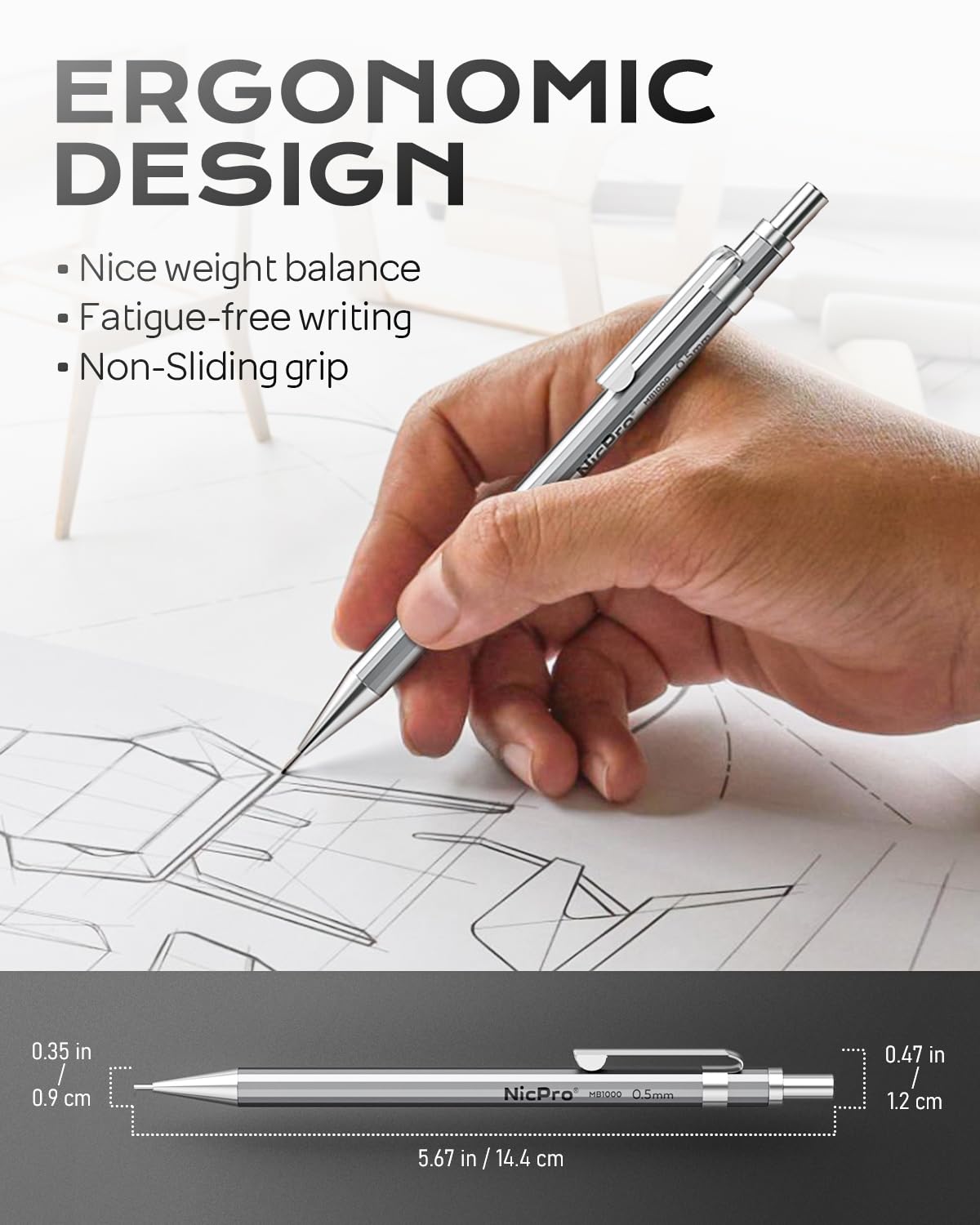 Nicpro 2 PCS 0.5 mm Metal Mechanical Pencils Set, Drafting Pencil for Artist Writing, Sketching, Drawing, with 4 Tubes HB Lead Refill & Erasers, Erasers Refills & Storage Case