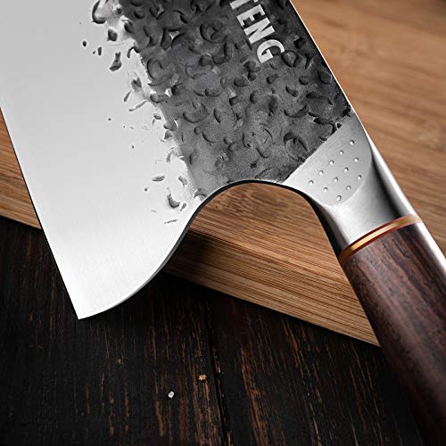 SMTENG Effort Saving Kitchen Knife 8 inch-High Carbon Clad Steel Hammered Chinese Knife with Pakkawood Handle,Butcher Meat Cleaver knives Vegetable Cutting Slicing Knife