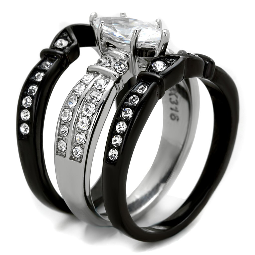 Marimor Jewelry His Hers 4 Piece Black Stainless Steel and Titanium Wedding Engagement Ring Band Set Size Women's 08 Men's 11