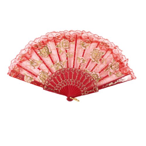 Qtqgoitem Fabric Flower Pattern Lace Brim Hollow Ribs Folding Hand Fan Pink (model: 417 606 22c 58b 318)