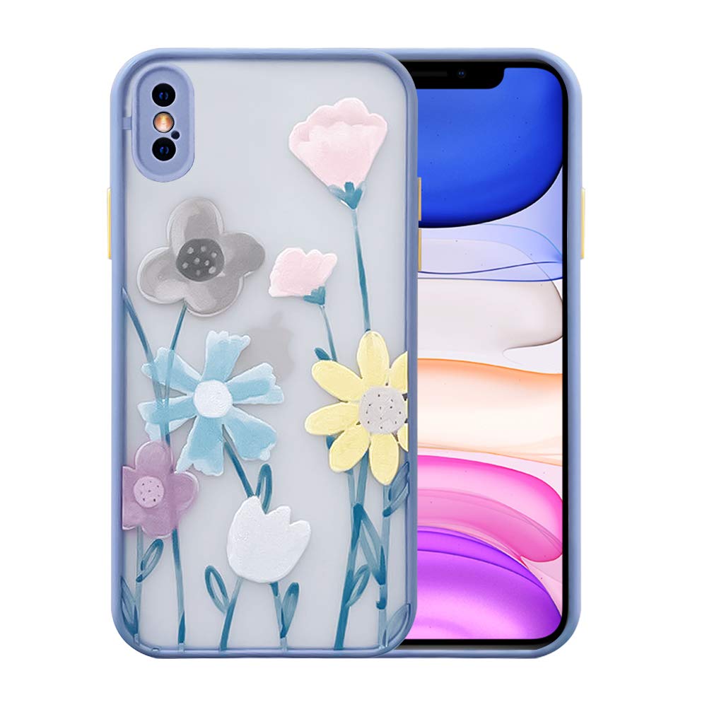 Ownest Compatible for iPhone Xs Max Case for Clear Frosted PC Back Flowers Pattern 3D Floral Girls Woman and Soft TPU Bumper Protective Silicone Slim Shockproof Case for iPhone Xs Max-Purple