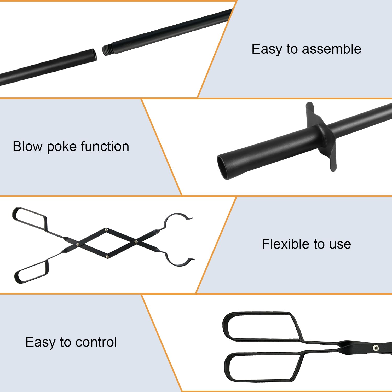 VODA Fire Poker and Fireplace Tongs Set - 31" Campfire Poker with Blow Poke Function, 24" Firewood Tongs, 2 Part Assembled Fire Pit Poker, Log Grabber for Firepit Bonfire Wood Stove Fireplace