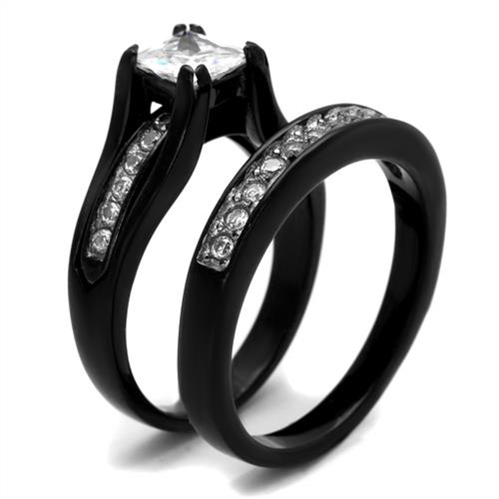 Marimor Jewelry 2.10 Carat Princess Cut Zirconia Black Stainless Steel Wedding Ring Set Womens Size 6