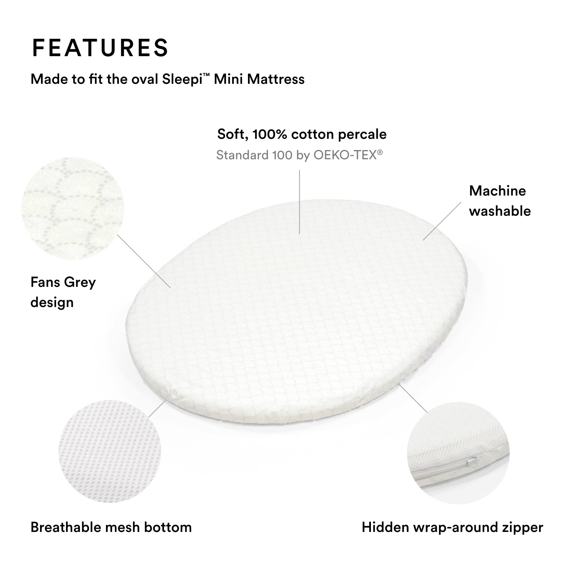 Stokke Sleepi Mini Fitted Sheet, Fans Grey - Soft Sheets for Sweet Dreams - Made for The Oval Sleepi Mini Mattress - Safe, Stylish & Washable - 100% Fine Cotton Percale