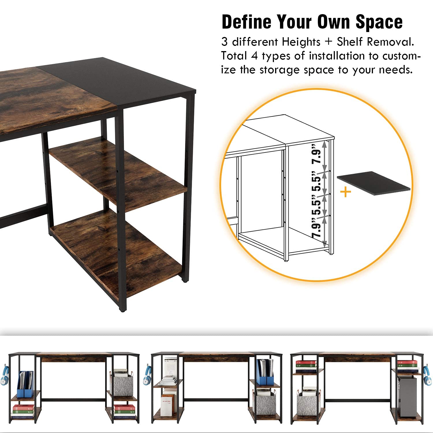 Nost & Host Home Office Computer Desk 55 inch with 4 Storage Shelves and Headphone Hanger Dual Monitor Study Writing Table Desk Modern Simple Laptop Desk Splice Board Rustic Brown and Black