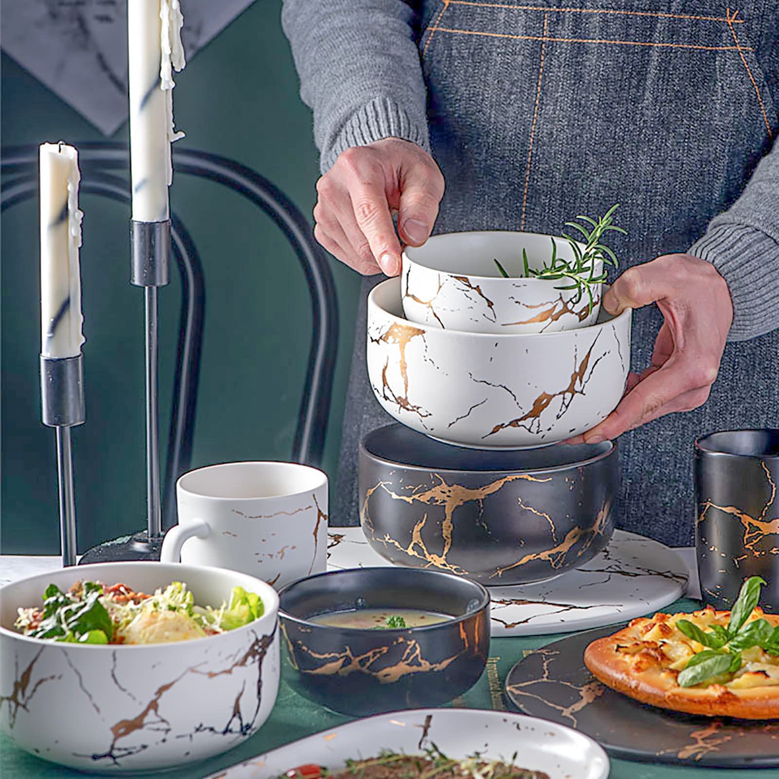 Set of 4 Gold Marble Soup Bowls Ceramic Cereal Bowl Marble Soup Bowl 17 OZ Ceramic Rice Bowl Luxury Gold Inlay Dessert Bowl (Black-4)