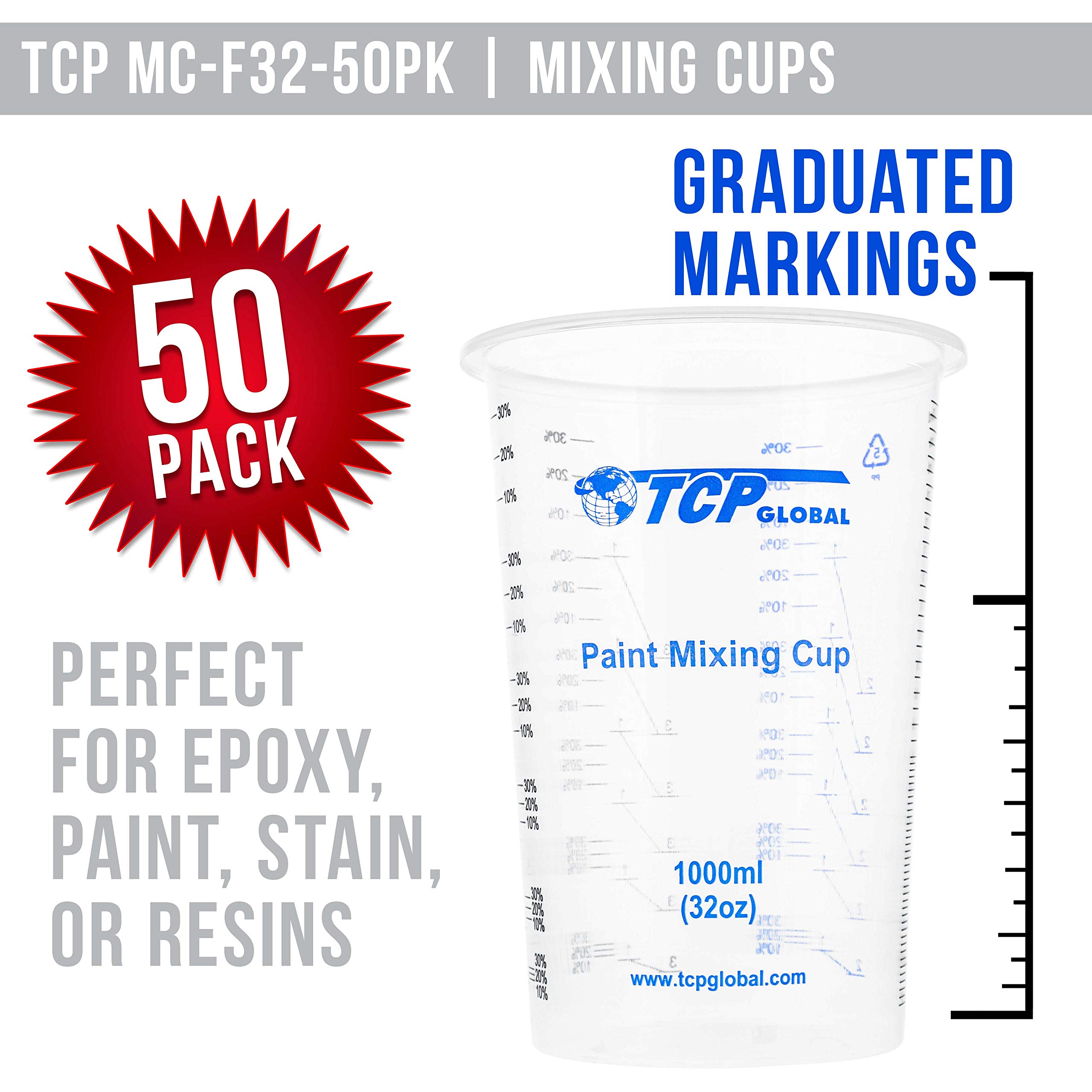 TCP Global 32 Ounce (1000ml) Disposable Flexible Clear Graduated Plastic Mixing Cups - Box of 50 Cups - Use for Paint, Resin, Epoxy, Art, Kitchen, Cooking, Baking - Measuring Ratios 2-1, 3-1, 4-1, ML