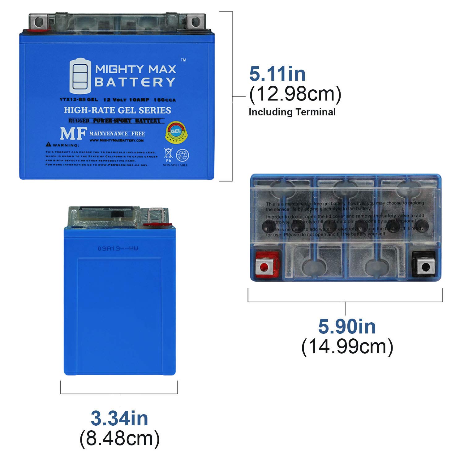 Mighty Max Battery YTX12-BS 12V 10AH Gel Battery Replaces Honda 350 TRX350 Rancher 00-06