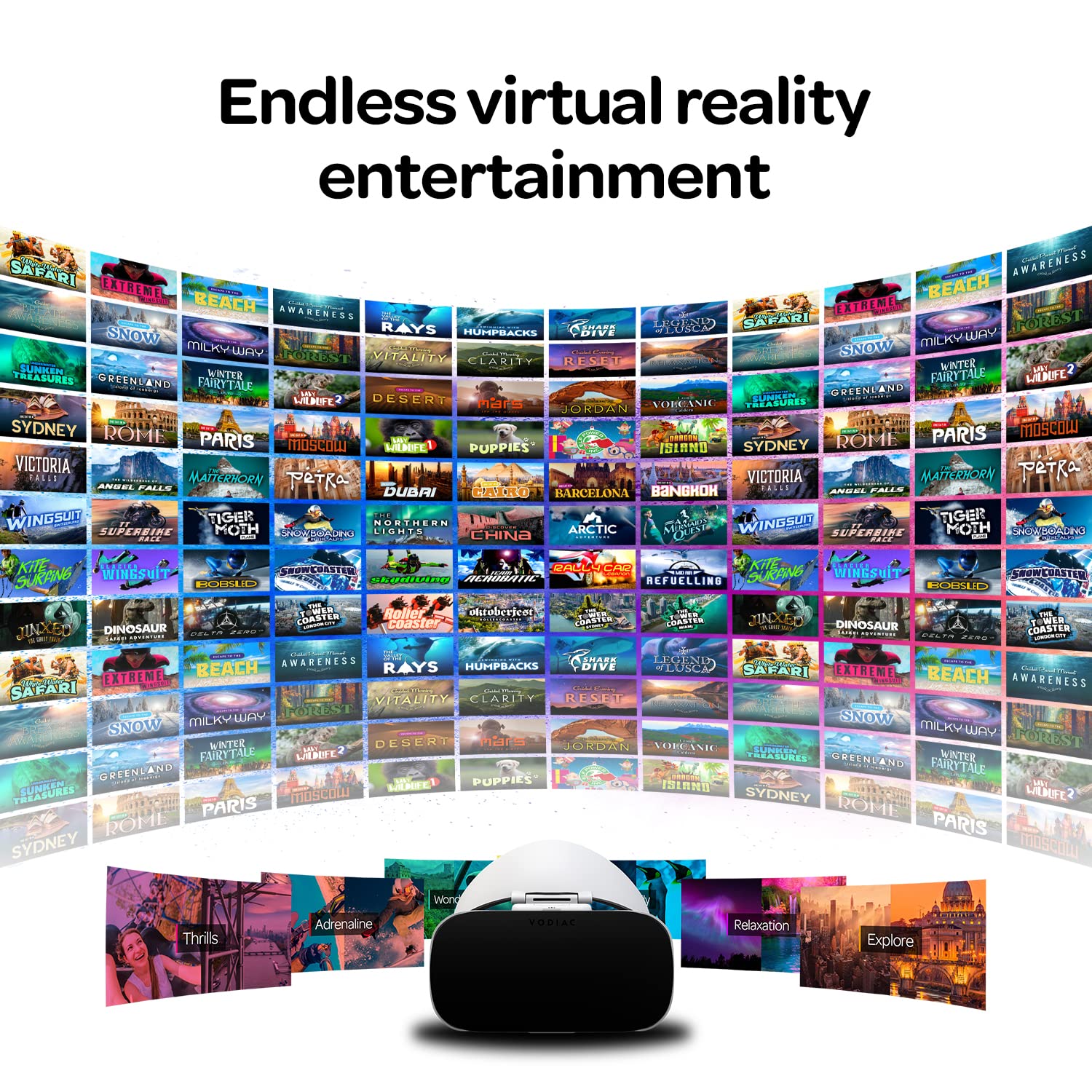 Vodiac VR - Virtual Reality Goggles, 75 Free VR videos & More via The Vodiac in-App Streaming Service. Powered by Your Smartphone iPhone Android Compatible White