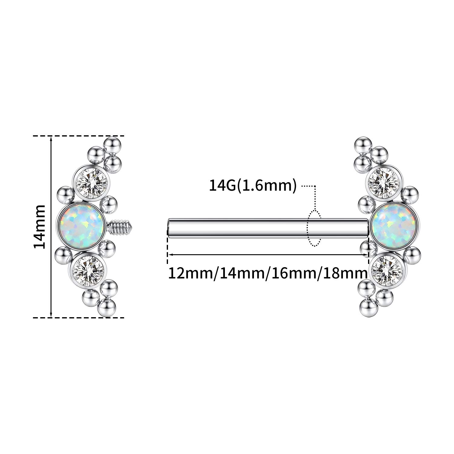 PEAKLINK G23 Titanium Nipple Barbell 14G Threaded Nipple Ring Silver Opal CZ Body Piercing Jewelry for Women 16mm