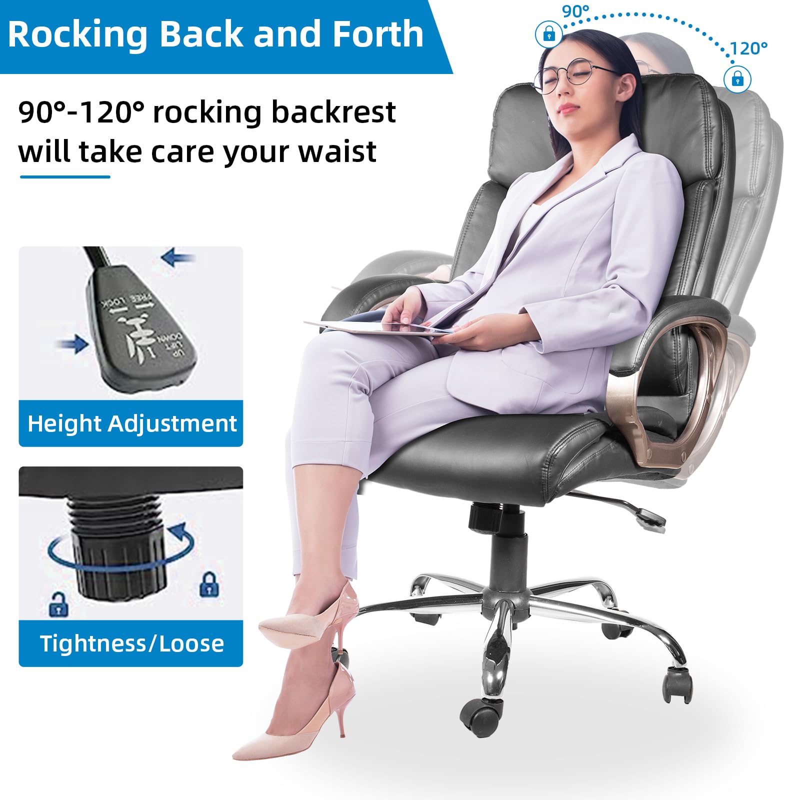 Mimager Black Desk Chair, Mid Back Executive Office Chair Adjustable Height, Leather Office Desk Chair with Arms, Swivel Computer Desk Chair, Modern Design, Black