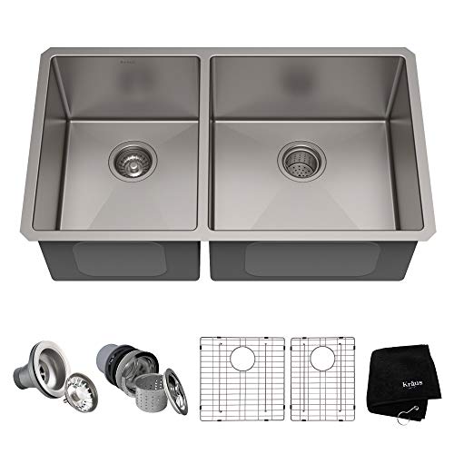 KRAUS Standart PRO 33-inch 16 Gauge Undermount 60/40 Double Bowl Stainless Steel Kitchen Sink, KHU104-33