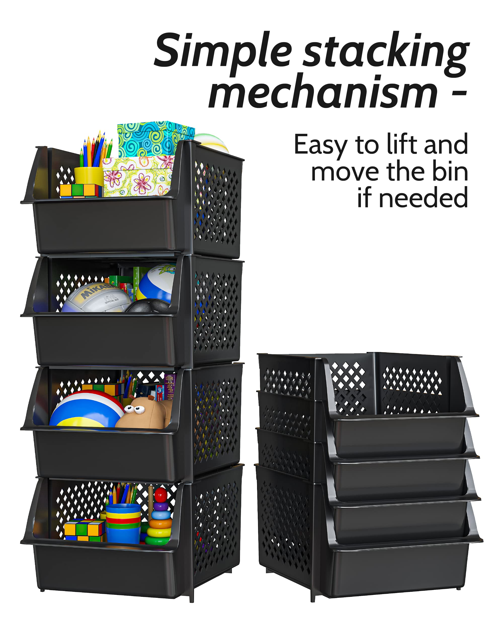 Skywin Plastic Stackable Storage Bins for Pantry - 12 Pack Black Stackable Bins For Organizing Food, Kitchen, and Bathroom Essentials