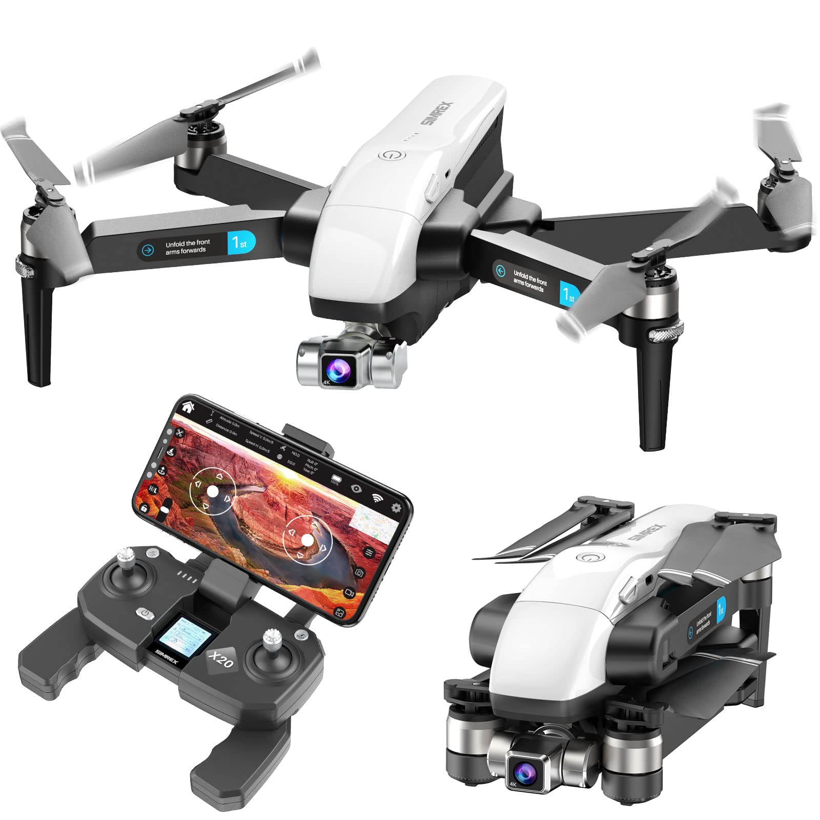 SIMREX X20 GPS Drone with 4K HD Camera 2-Axis Self stabilizing Gimbal 5G WiFi FPV Video RC Quadcopter Auto Return Home with Follow Me Altitude Hold Headless Brushless Motor Remote Control,White