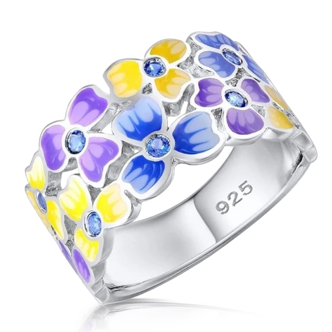 THJEW Colorful Flower Enamel Resin Statement Band Ring,Trendy Dainty Platinum Plated Handmade Colorful Y2K Cocktail Party Floral Band Ring for Women (Ring_A, 9)