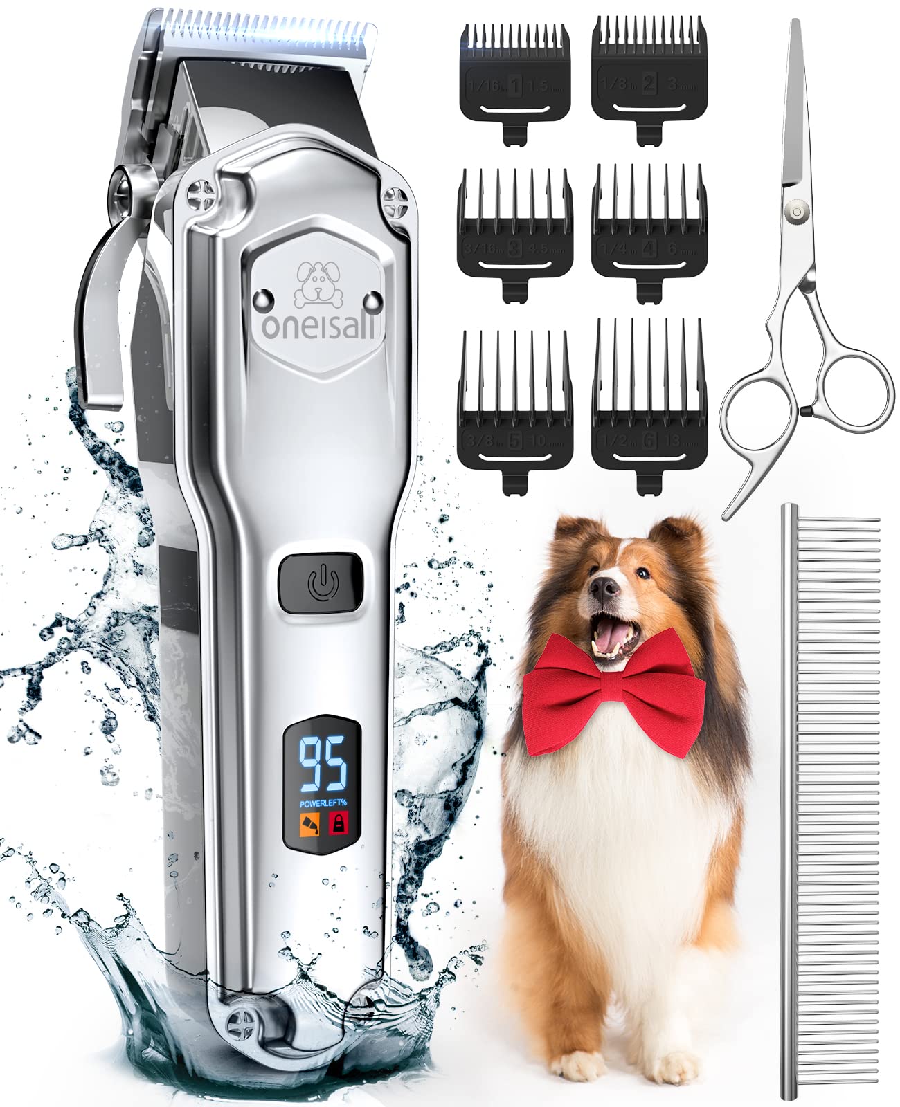 oneisall Dog Clippers for Grooming for Thick Heavy Coats/Low Noise Dog Grooming Kit/Rechargeable Cordless Pet Shaver with Stainless Steel Blade/Waterproof Dog Shaver for Dogs Pets and Animals Sliver