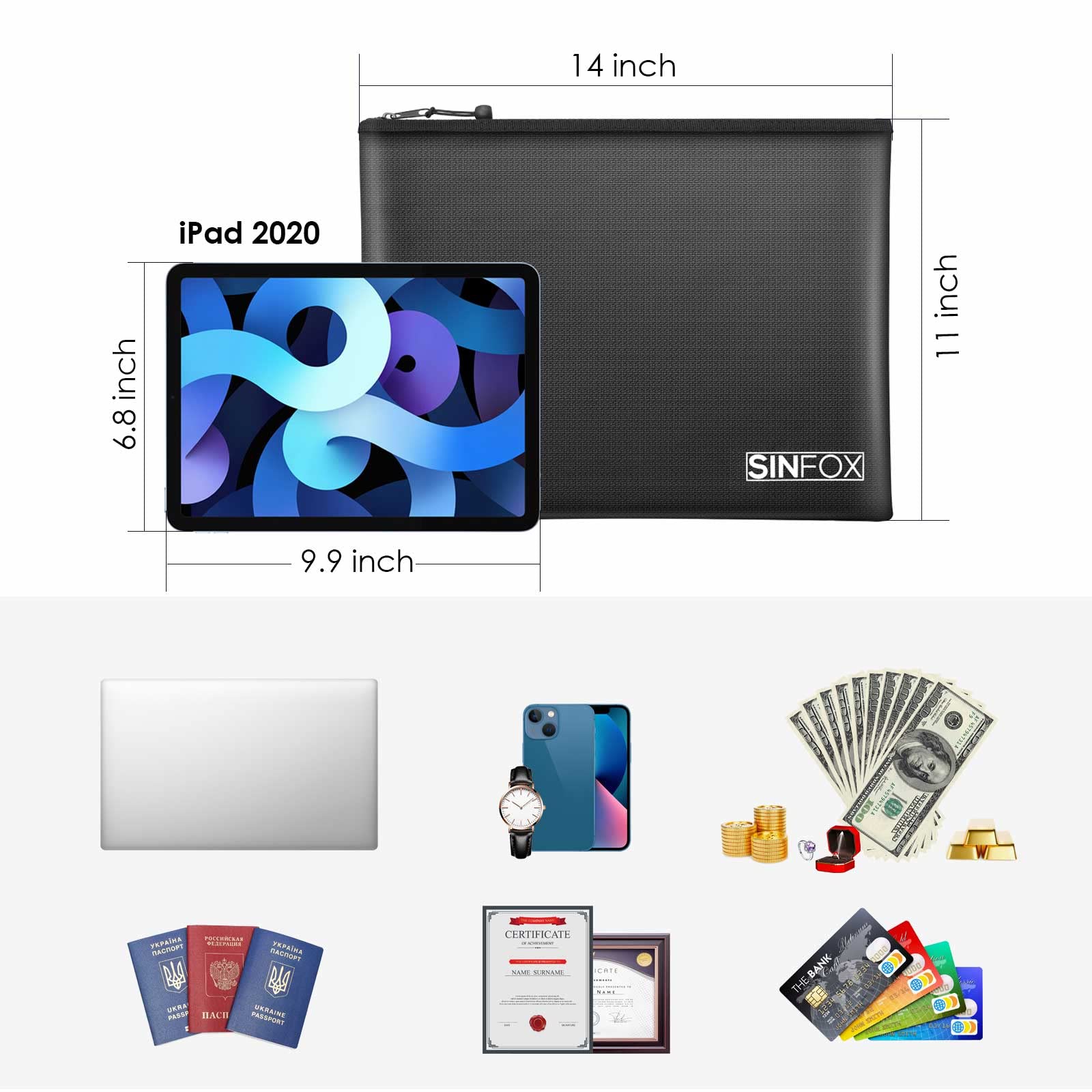 Sinfox Fireproof Document Bag, 14 x 11&15 X 11 Inches Waterproof Important Document Organizer, Fireproof Money Bag for Cash(2000℉) with Zipper Closure for File, Tablet, Passports, Certificate, Jewelry