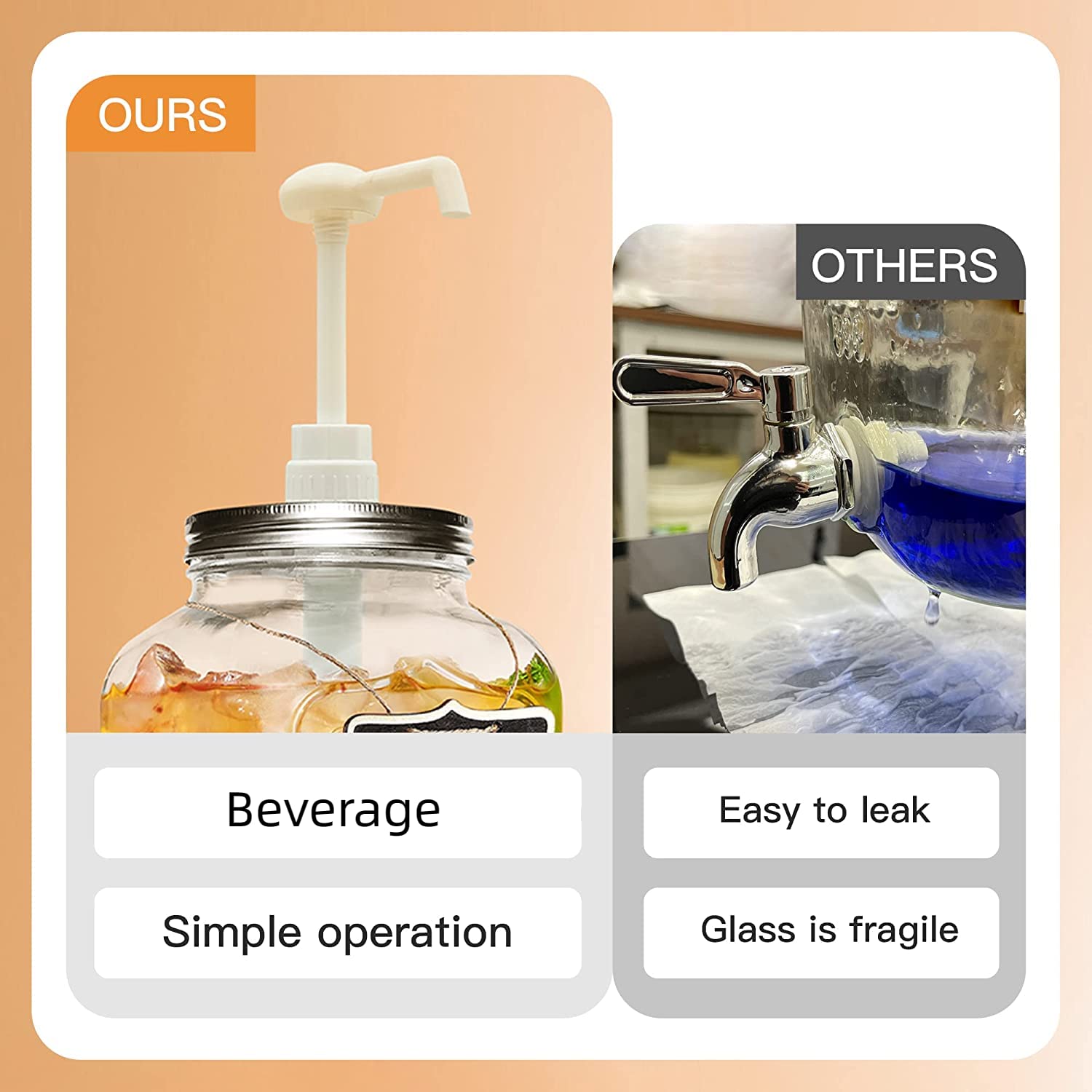 Suli Drink Dispenser for Parties, 1 Gallon 2 Pack Beverage Dispenser, Glass Juice Dispenser Countertop for Outdoor BBQ, Sun Tea, Lemonade, Mason Jar Dispenser with Pump