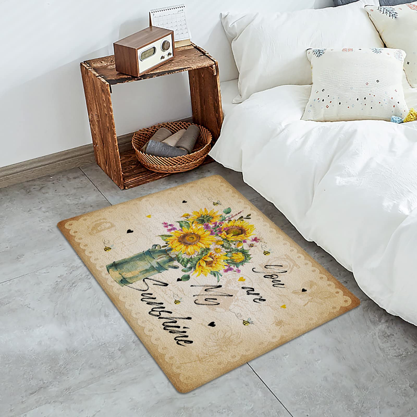 Sunflower Antifatigue Kitchen Bath Door Mat Cushioned Runner Rug,Washable Welcome Floor Sink Mat,Retro Letter Stamp Bee Sunshine Flower Waterproof Non-Slip Comfort Standing Doormat for Kitchen,20"x39"