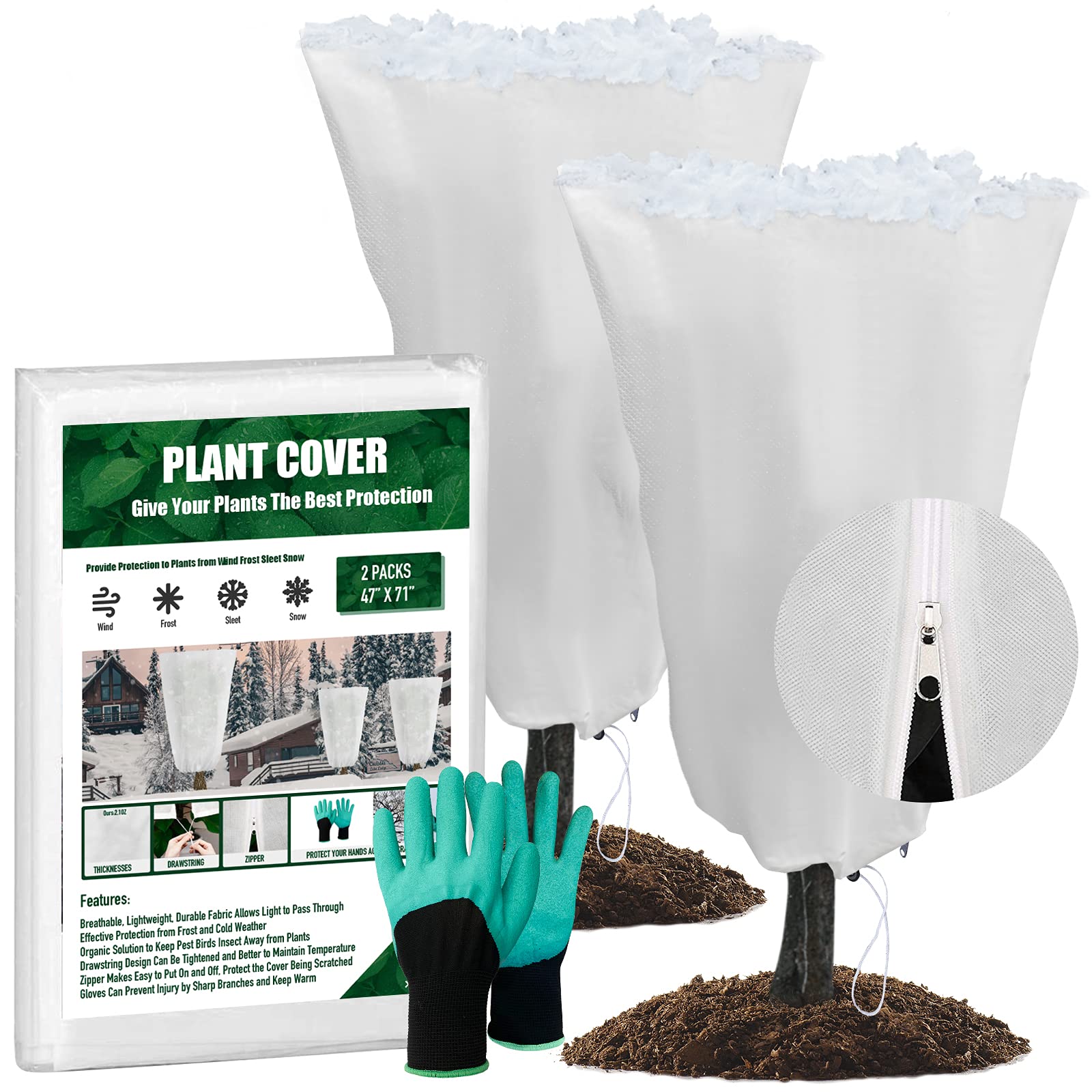 Plant Covers Freeze Protection 47" x 71" Large Tree Covers Frost Protection Blankets Reusable Plant Protector Drawstring Bags Anti-Freeze Shrub Cloth Blanket for Winter Cold Weather Outdoor w/Zipper