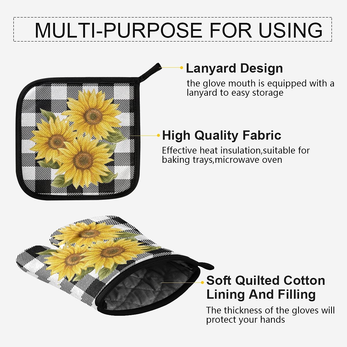Sunflower Black White Buffalo Plaid Oven Mitts and Pot Holders Yellow Floral Lumberjack Check Cooking Gloves Kitchen Trivet Mats 2-Piece Set Non-Slip Heat Resistant Pad for Baking BBQ Home Decor