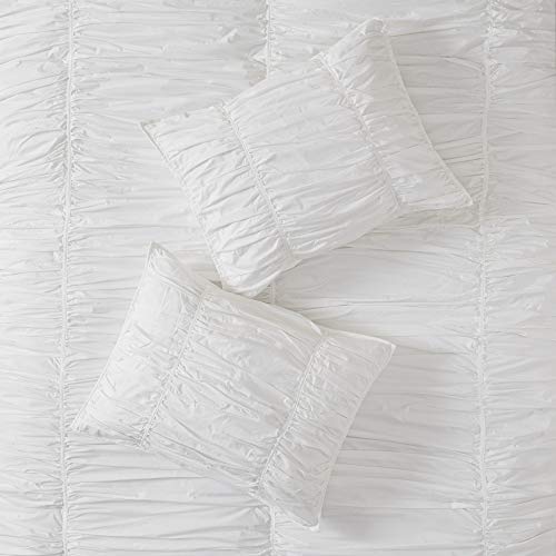 Madison Park Comforter Set-Textured Luxury Design All Season Down Alternative Bedding, Matching Sham, Decorative Pillows, King (104 in x 92 in), Delancey, Cotton Ruched White, 4 Piece