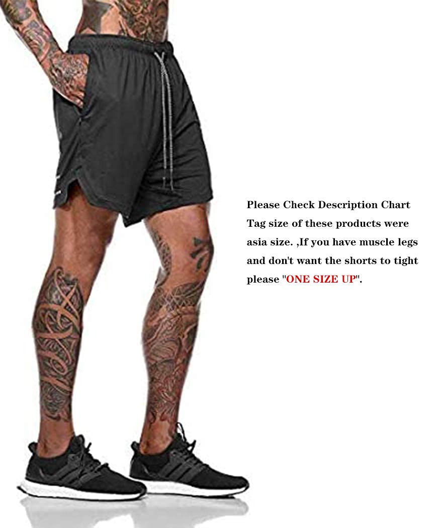 Malavita Men's Workout Running Shorts 2 in 1 with Zipper Pockets Black Large