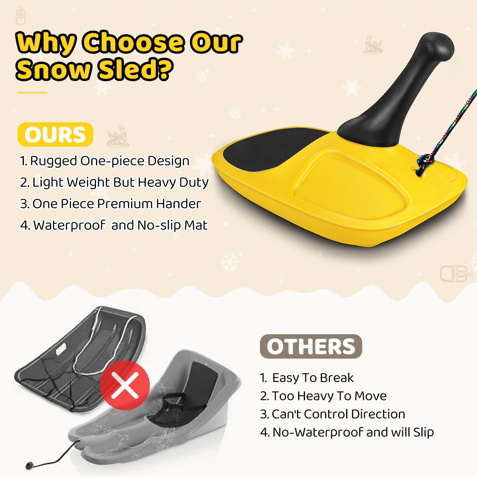 Snow Sled for Kids, Plastic Snow Sleds for Winter Sledding, Durable Sleds with Reinforced Handles Pull Rope, Heavy Duty Sleds Toys for Grass Skiing, Weight Capacity 133 lbs