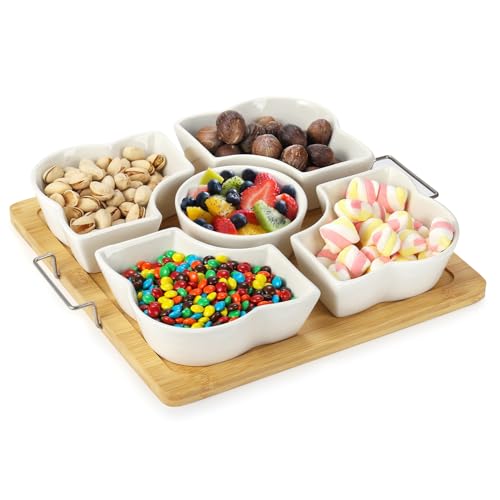 YOUEON Appetizer Serving Tray, Ceramic Divided Serving Tray, Divided Serving Platters for Relish Dishes, Removable Serving Dishes for Chips and Dip, Condiment, Veggies, Candy and Snacks