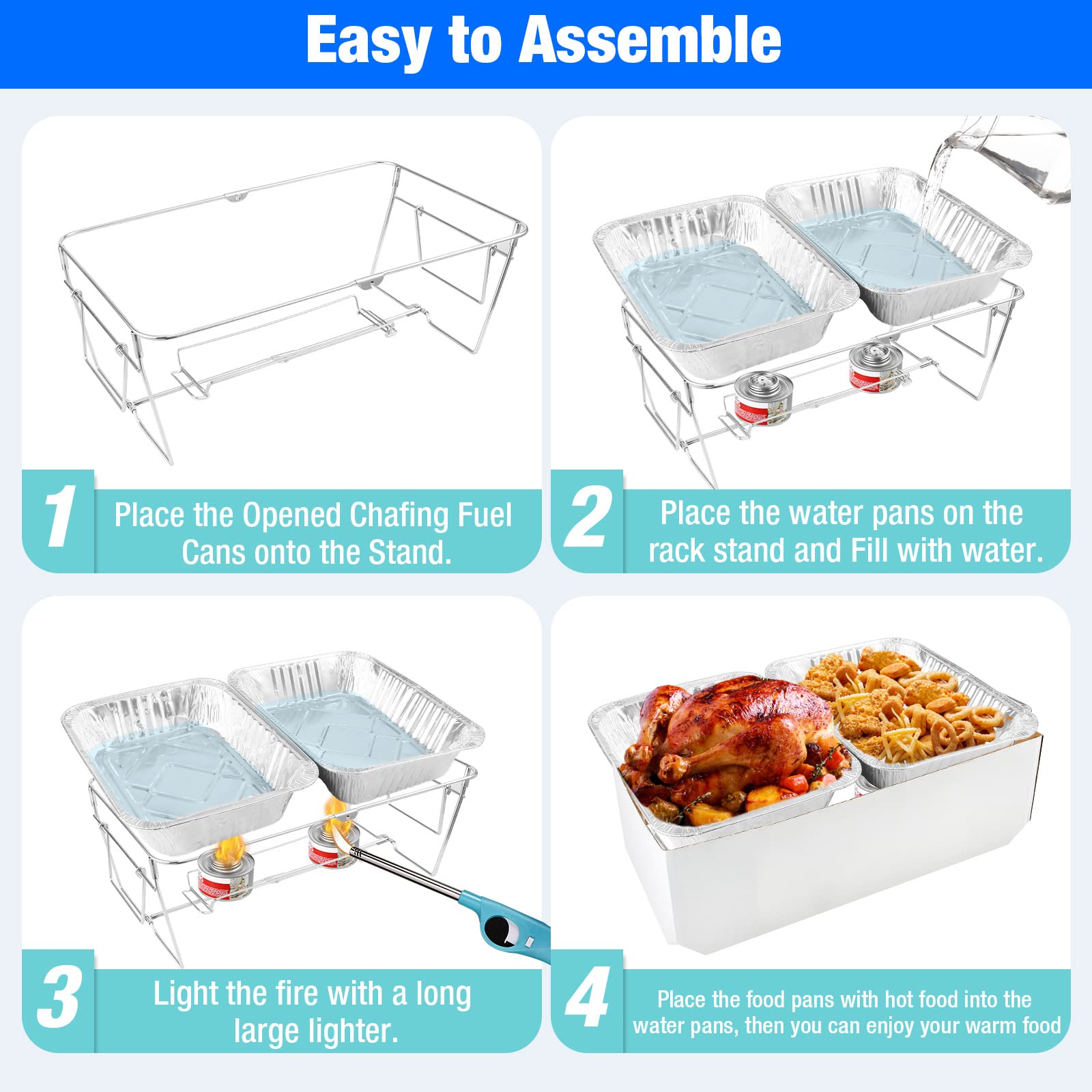 Restlrious Chafing Dish Buffet Set Disposable 4 Pack Full Size Aluminum Buffet Serving Kit, Chafer Stand Kit for Food Warmer in 36 Pieces w/Food Pan Water Pan & Utensils, for Parties Events BBQ